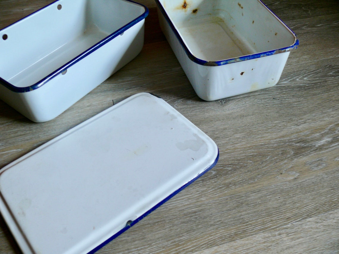 2 White Enamel Refrigerator Boxes With Blue Edge and Lid - Etsy