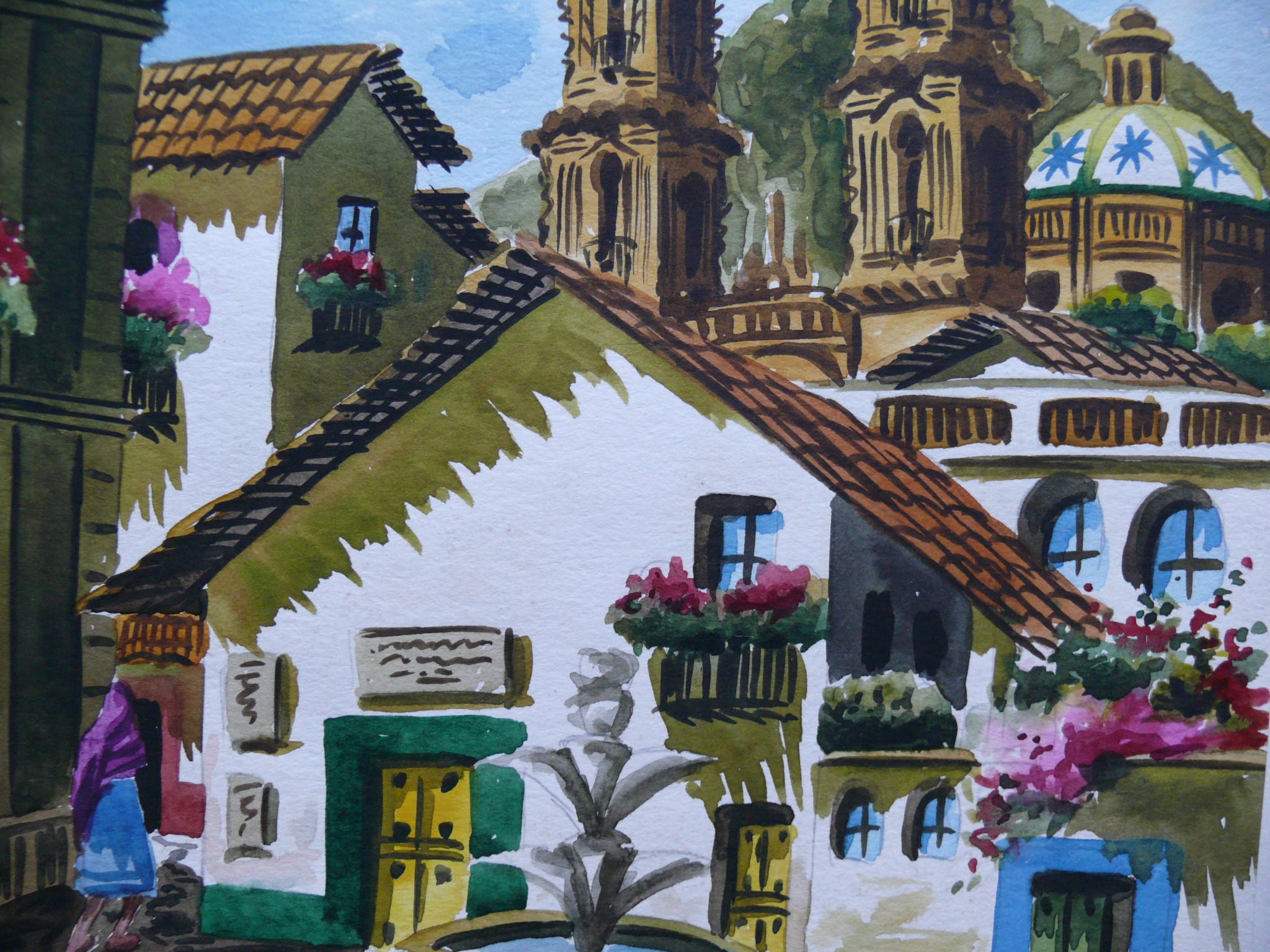 Max Vidal Watercolor Painting, 1950s Taxco Mexico Village Scene With ...