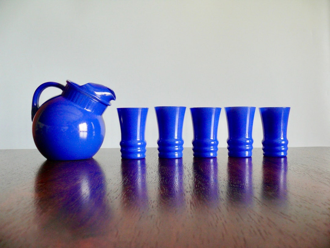 Vintage Fire King Cobalt Blue Beverage Set, Tilt Ball Jug With Five ...