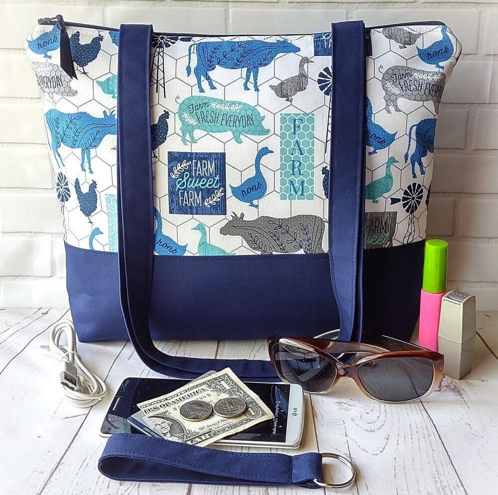 Handmade Handbag Zipper Shoulder Bag Farm Life Cows Chickens Fabric ...