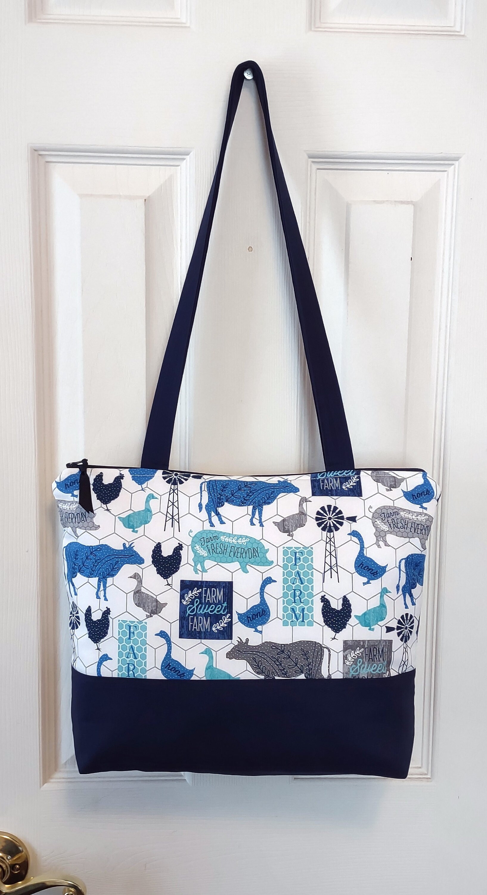 Handmade Handbag Zipper Shoulder Bag Farm Life Cows Chickens Fabric ...