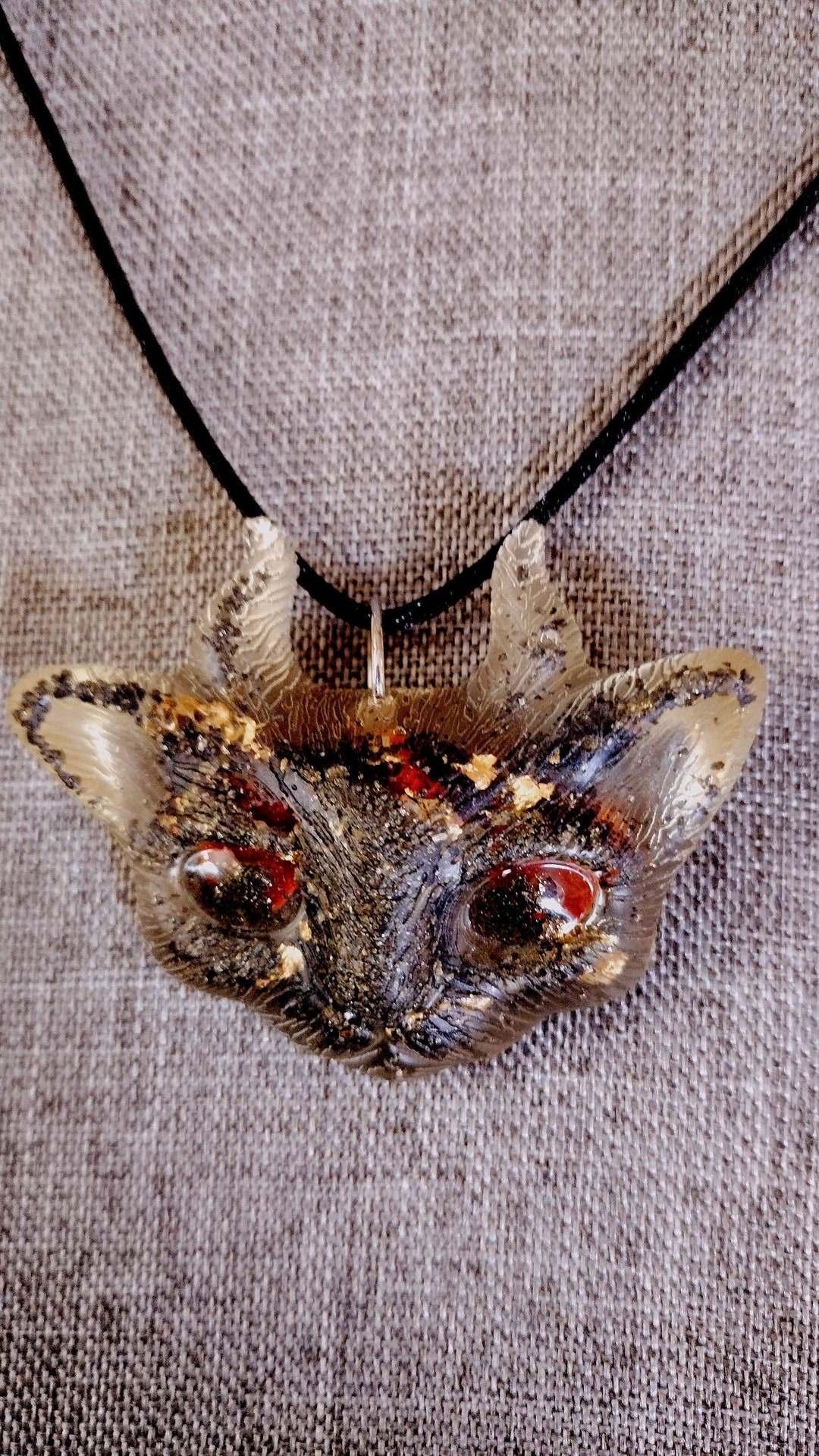 Devil Cat Resin Casted Pendant/ Gold Flakes/pyrite/ Carnelian/ Black ...
