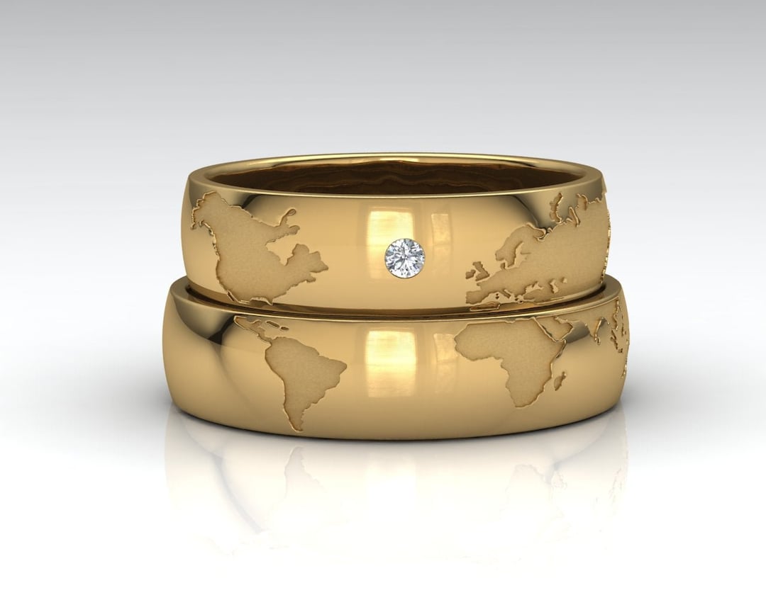 WORLD MAP BAND Couple Matching Ring Earth Map 18k Yellow Gold Ring Band ...