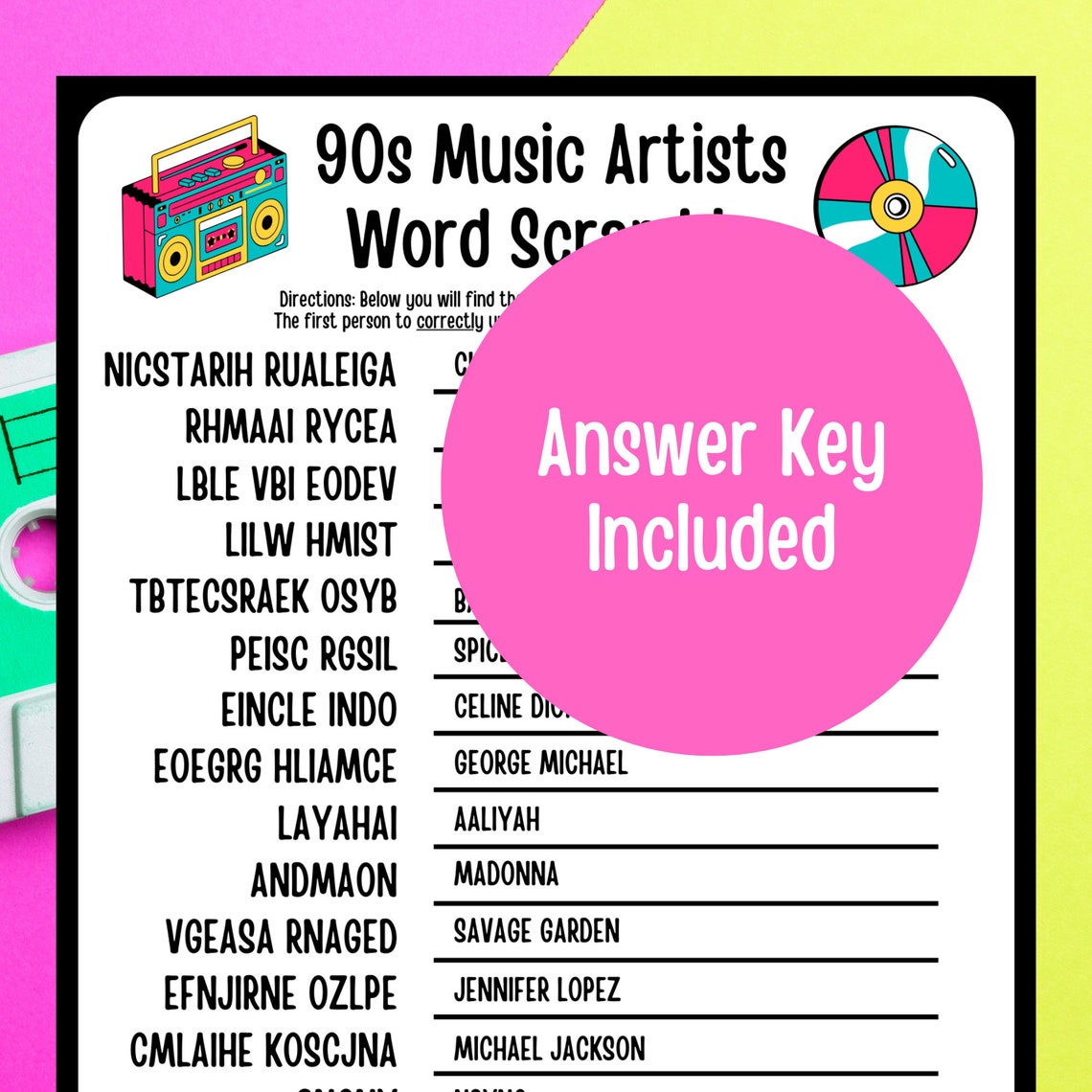 90s Music Word Scramble Game Printable | Pop Trivia Quiz, Retro Party ...