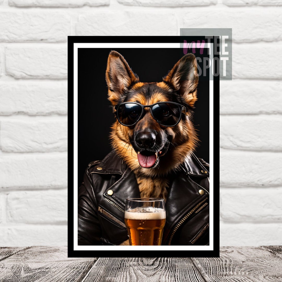 Cute German Shepherd Dog Poster Wall Art Decor, Animal Drinking Beer ...