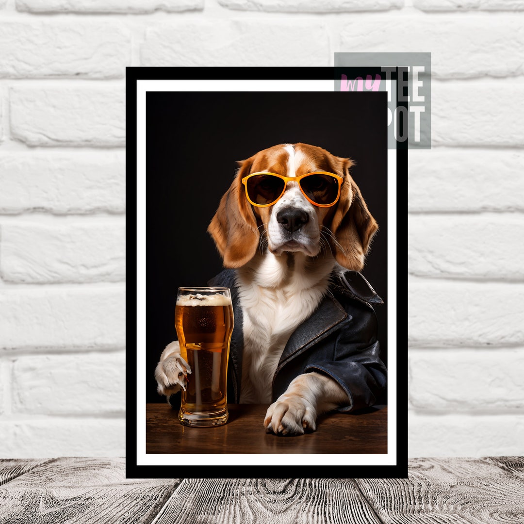 Beagle Dog Wall Art Funny Poster, Decor, Animal Drinking Beer, Bar Area ...