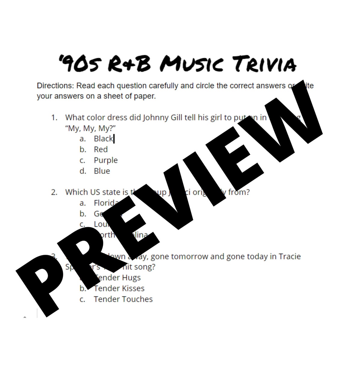 90s R&B Trivia Game Printable | 101 Question Quiz Book, Multiple Choice ...