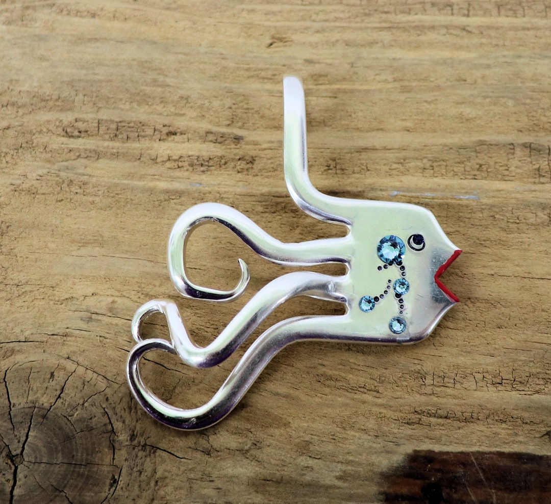 Blue Crystal Fish Pendant, Vintage Silverware, Fork Pendant, Unique ...