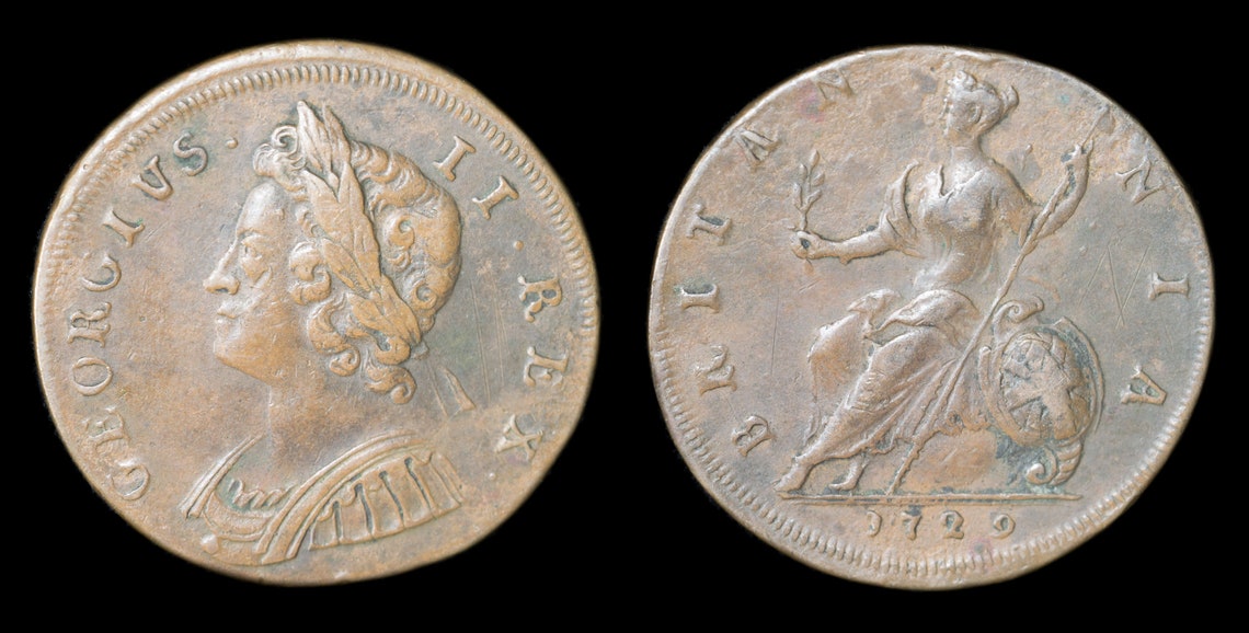 Antique British Coin Genuine George II Copper Half Penny 1729, English ...