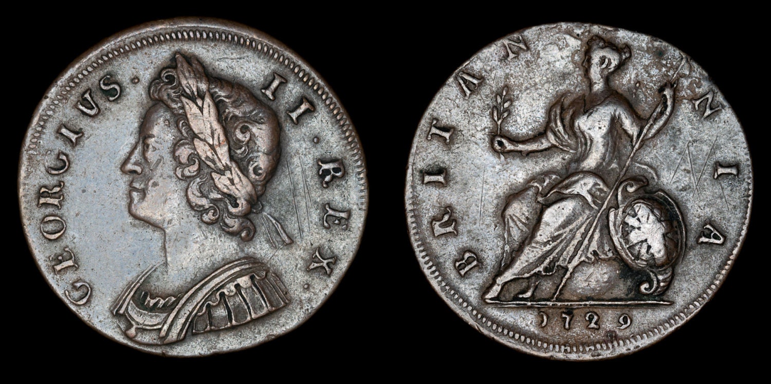 Antique British Coin Genuine George II Copper Half Penny 1729