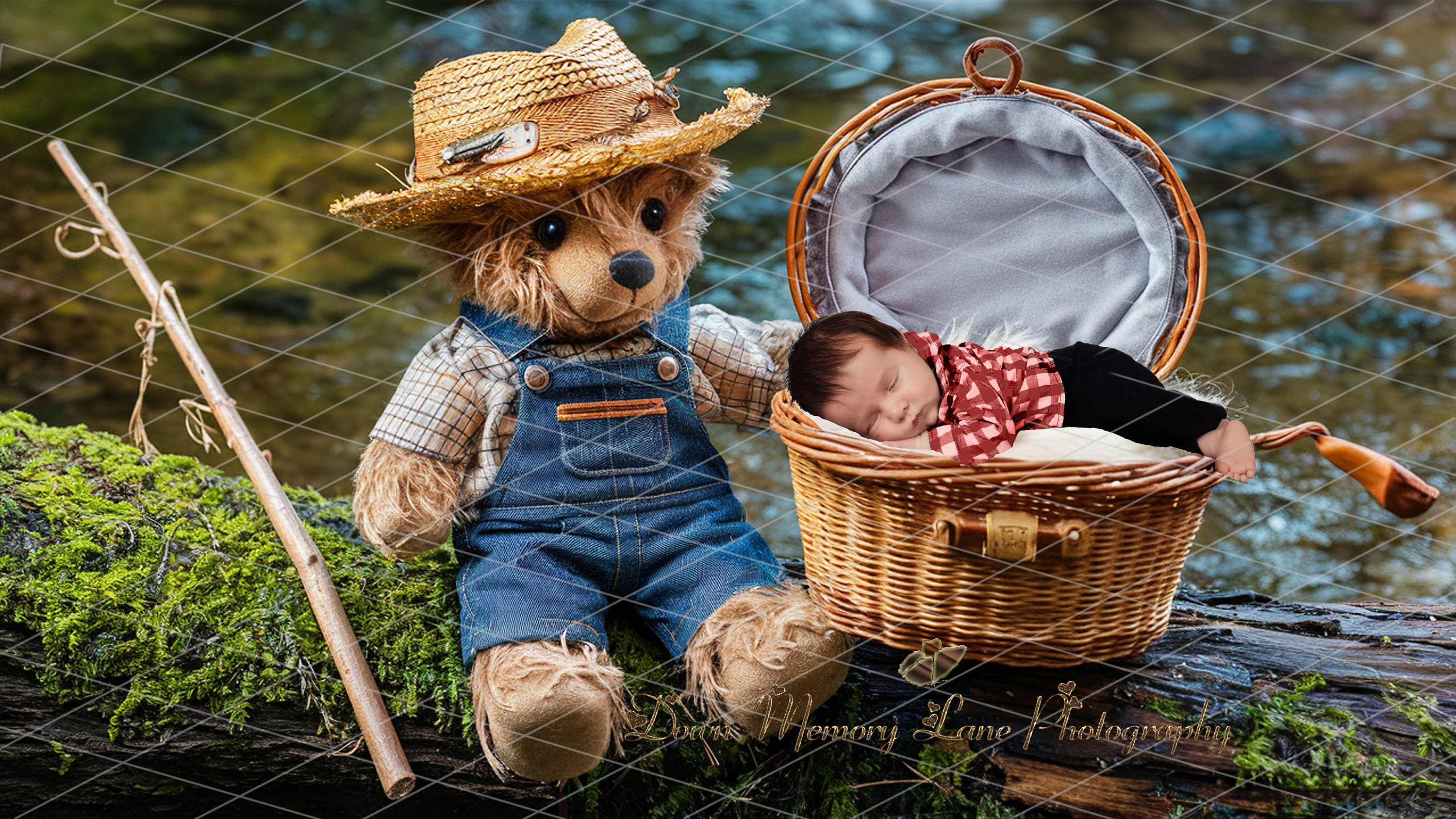 Boy Digital Backgrounds, Teddy Bear, Fishing Pole and Creel, Outdoor ...