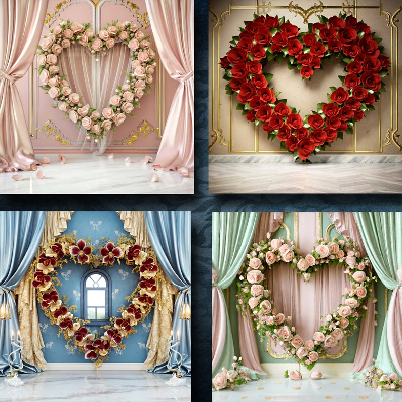Valentine Digital Background Bundle, Beautiful Heart Shaped Flowers on ...