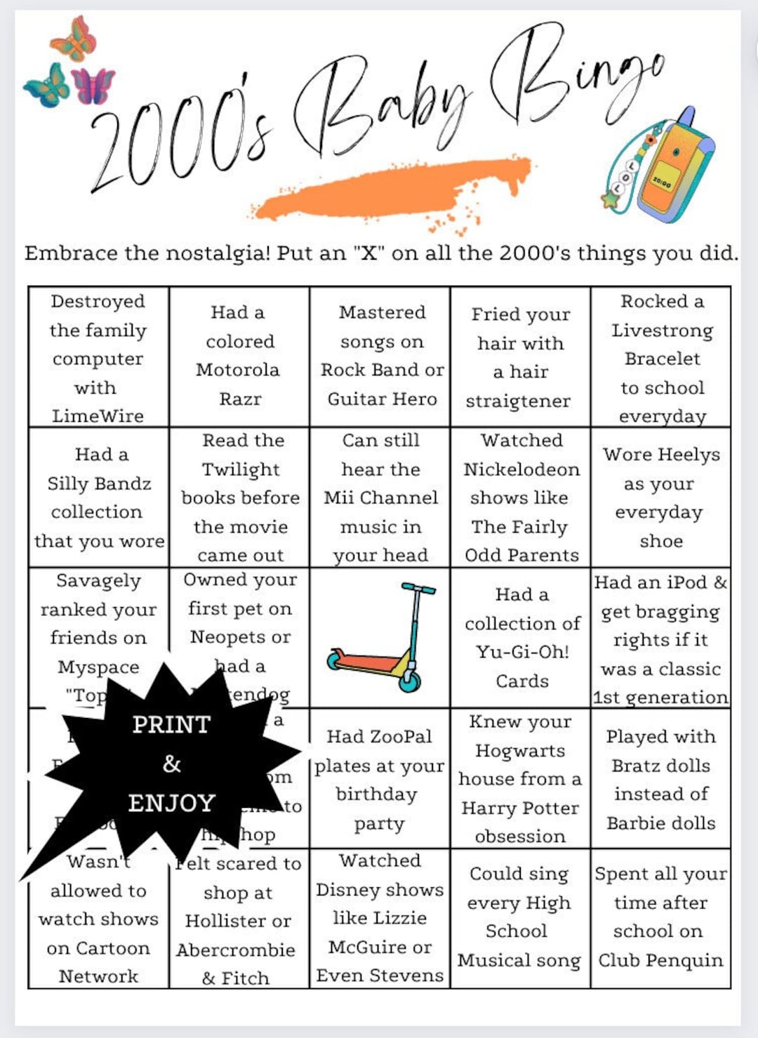 2000’s Bingo, 2000’s Party Game, 2000’s Birthday Party Game, 2000’s ...