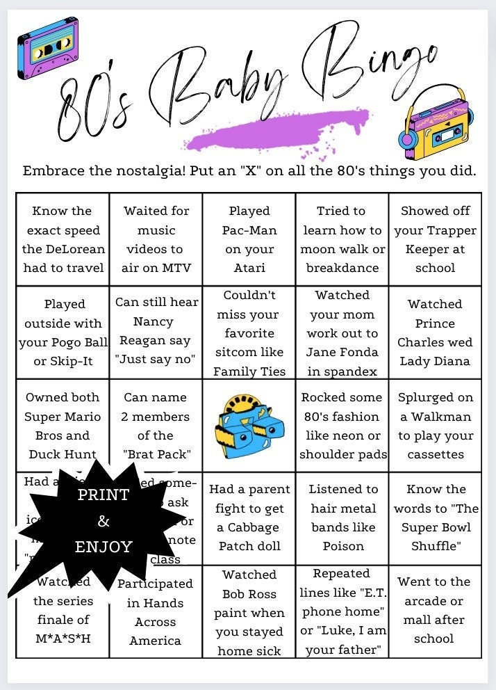 80's Bingo, 80's Party Game, 80's Birthday Party Game, 80's Baby, 80's ...