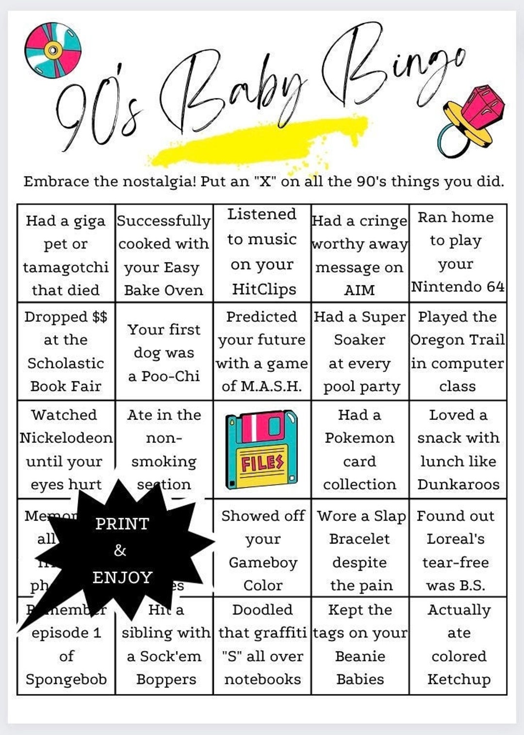 90's Bingo, 90's Party Game, 90's Birthday Party Game, 90's Baby, 90's ...