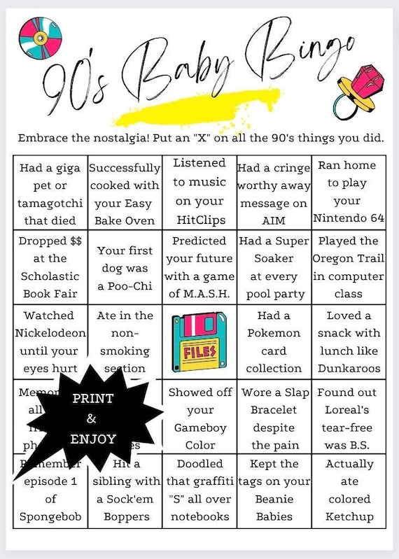 90's Bingo 90's Party Game 90's Birthday Party | Etsy