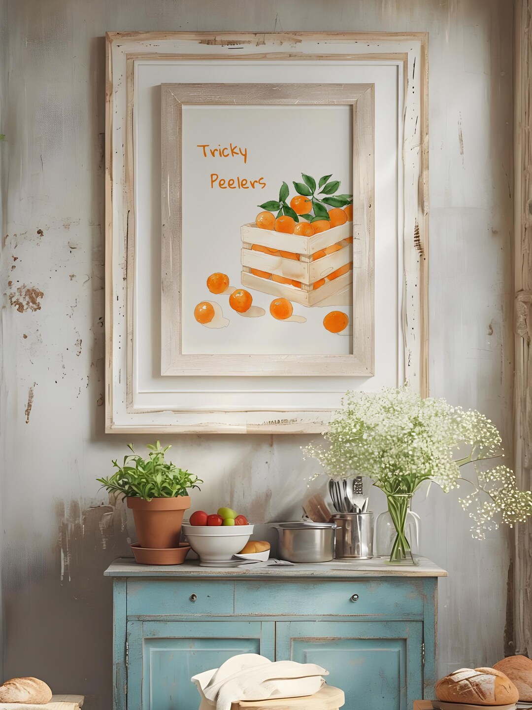 Tricky Peelers Funny Food Print Kitchen Orange Fruits Watercolor Wall ...