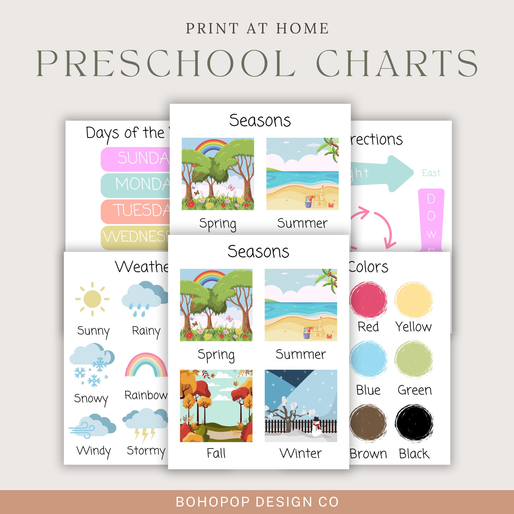 Preschool Charts Educational Posters Toddler Learning Set of 12 ...