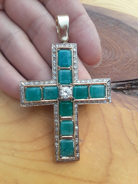 14k Gold Diamond Colombian Emerald Cross Pendant Fabu… - Gem