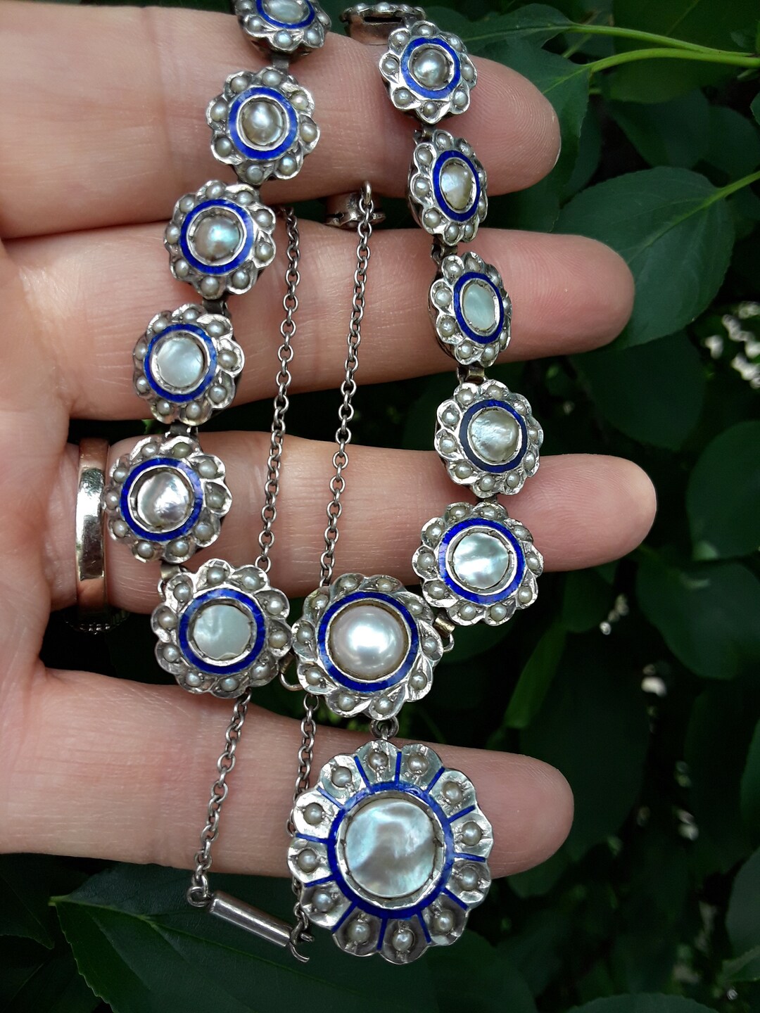 Georgian Silver Pearl Blue Enamel Seed Pearls Necklace Foiled Back ...