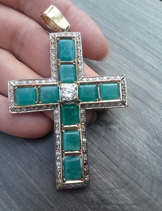 14k Gold Diamond Colombian Emerald Cross Pendant Fabu… - Gem