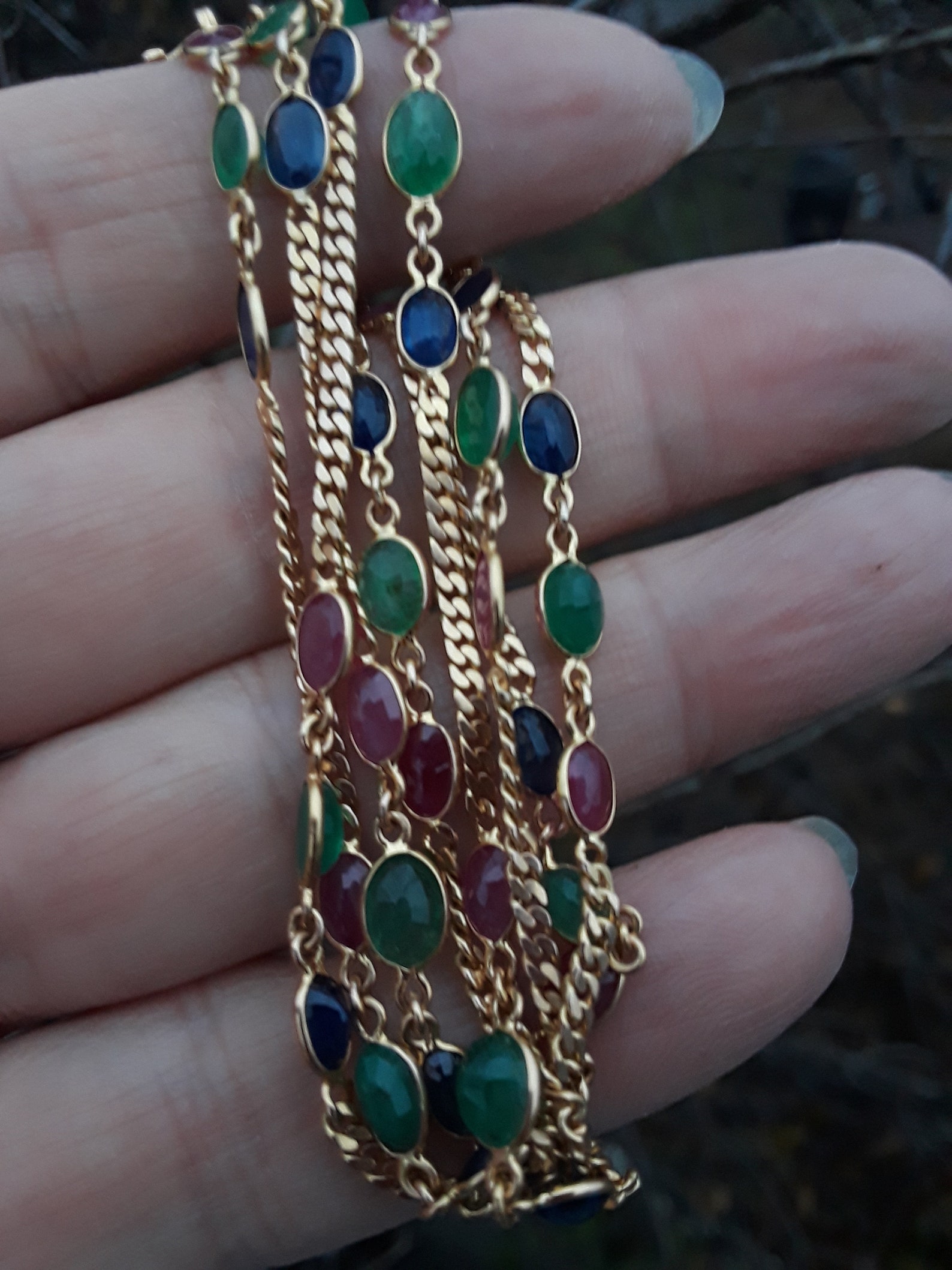 18k Gold 20ct Emerald Blue Sapphire Ruby Chain Necklace 30 Inches Long ...