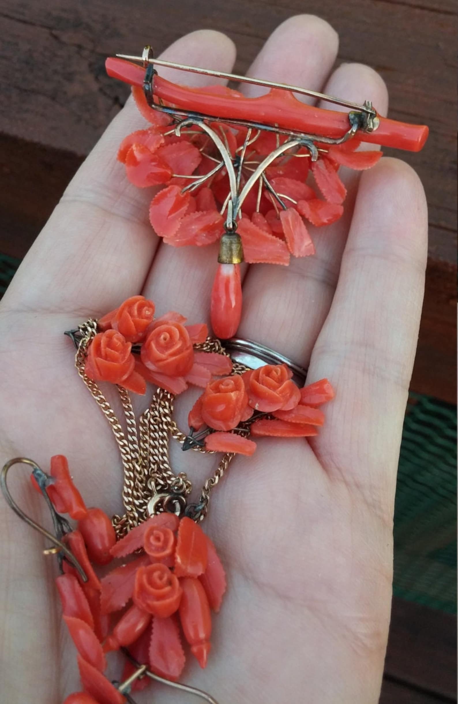Red Coral Flower Roses Design 3 Pieces Set Necklace Brooch - Etsy