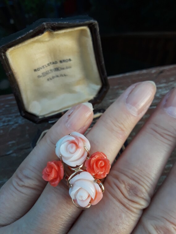 14k Gold Coral Flowers Roses Ring One Of A Kind - Gem
