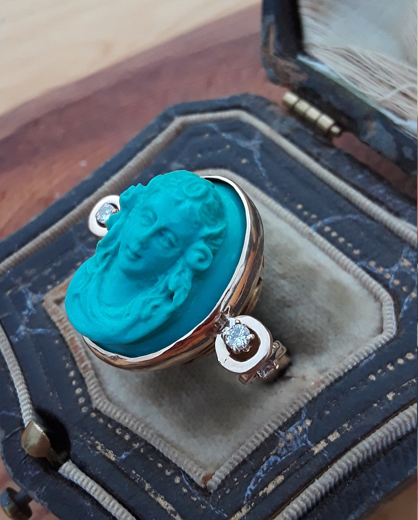 Victorian 14k Gold Diamond Natural High Relief Turquoise Cameo - Etsy