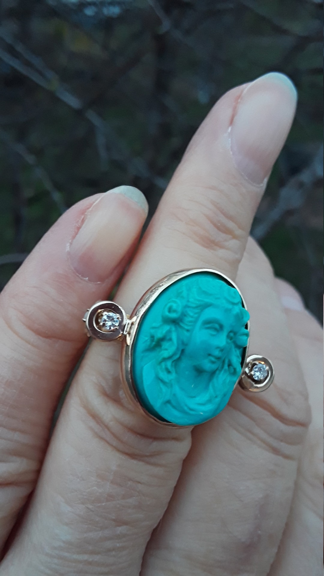 Victorian 14k Gold Diamond Natural High Relief Turquoise Cameo Ring ...