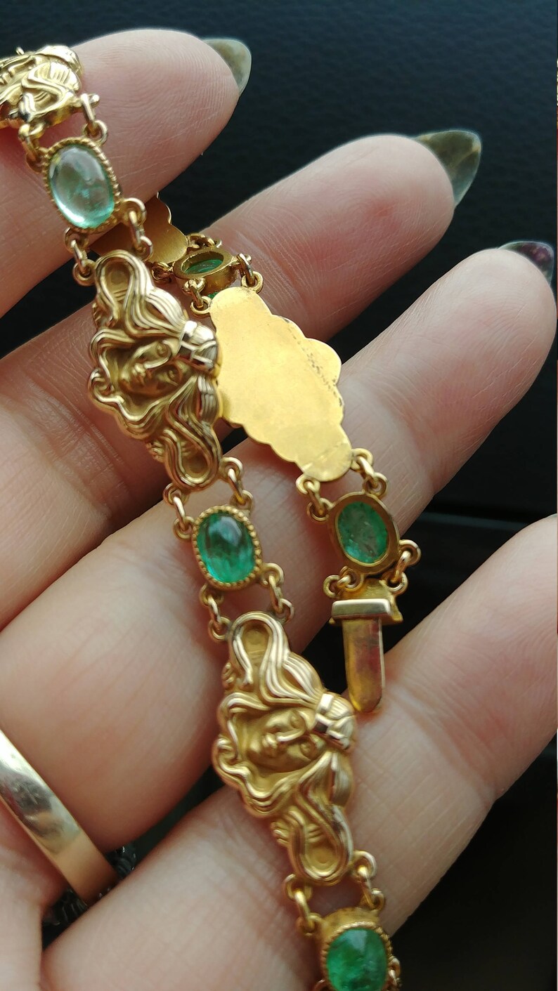 Art Nouveau 14k Gold Emerald Mermaid Heads Bracelet Unique Exeptional ...