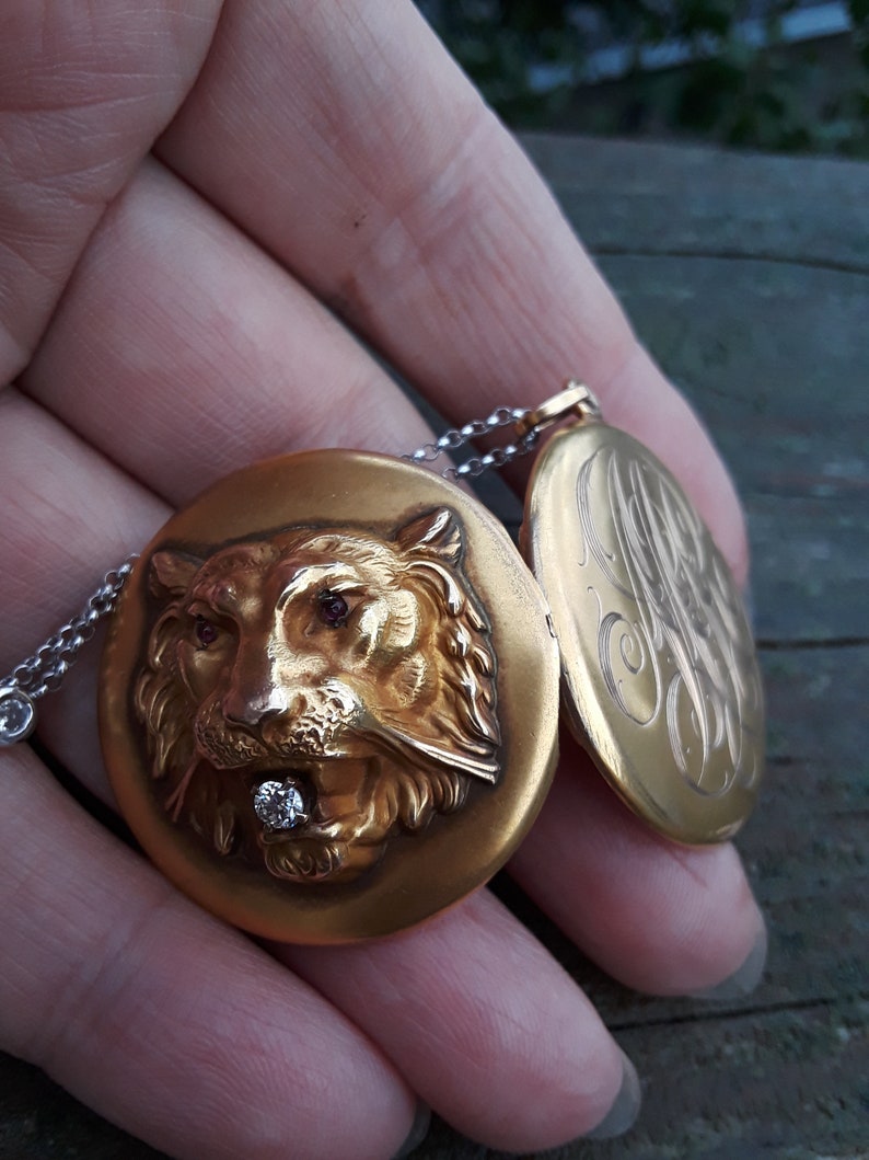 Georgian 14k Gold Diamond Ruby Eyes Lion Head Locket Pendant | Etsy