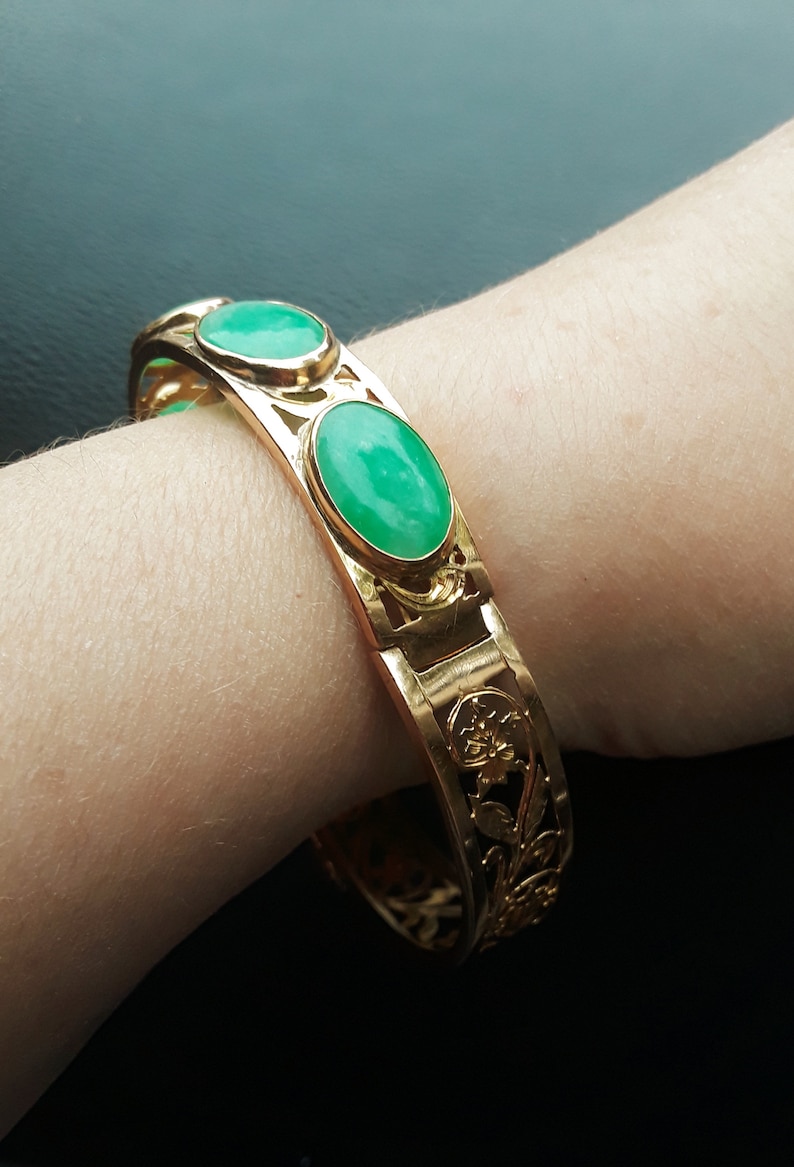 18k Gold Natural Green Jade Bangle Bracelet Exceptional One Of | Etsy