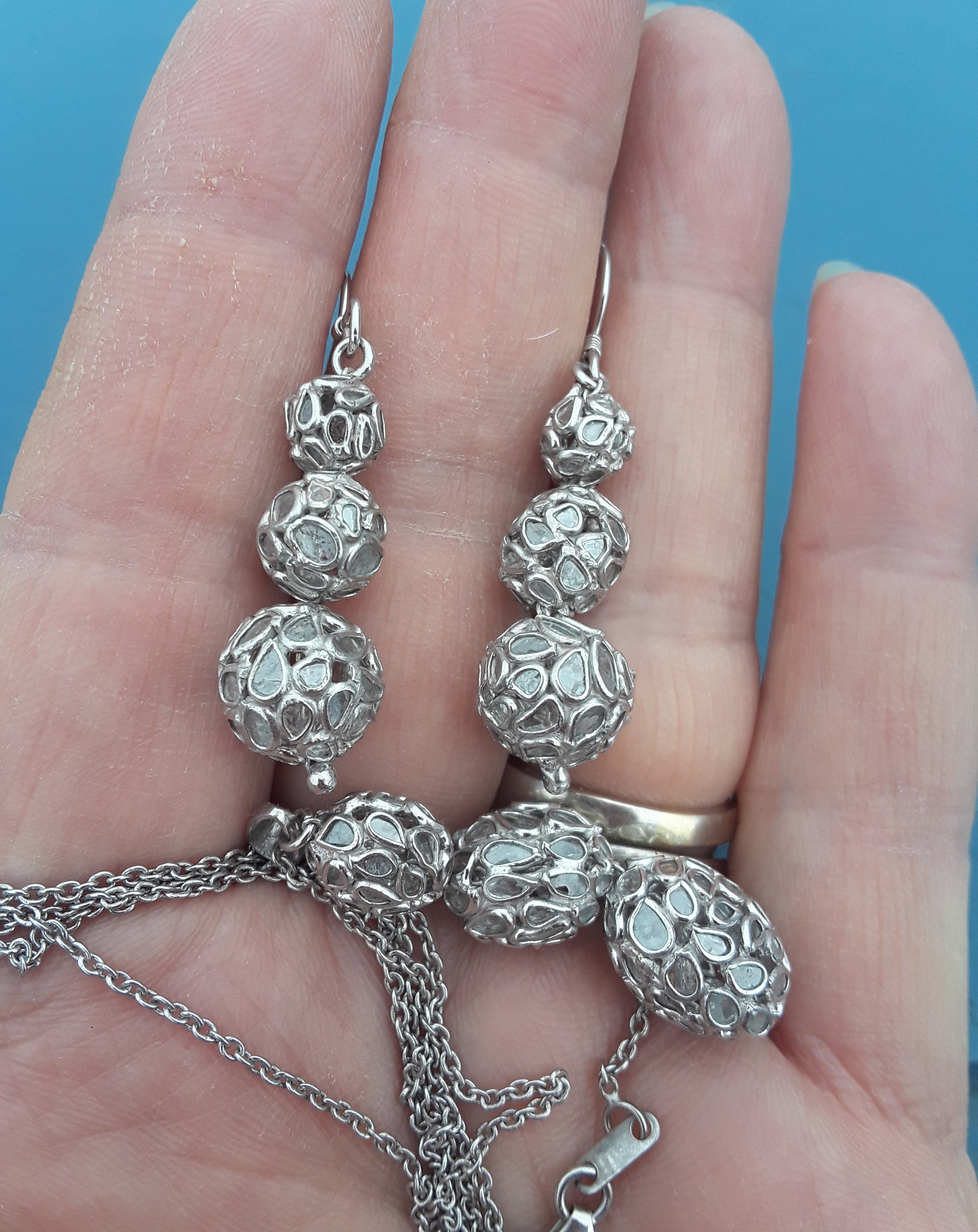 Silver Diamond Set Balls Dangling Earrings and Necklace | Etsy