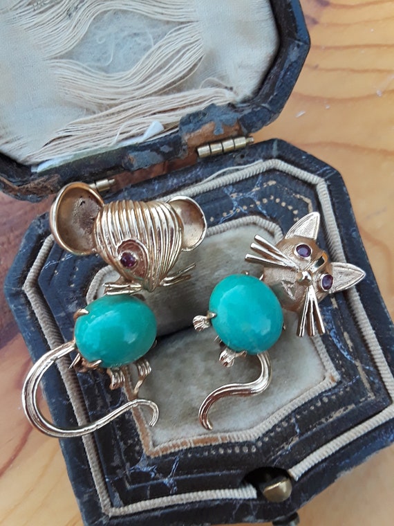 14k Gold Turquoise Ruby Eyes Tom And Jerry Brooches S… - Gem