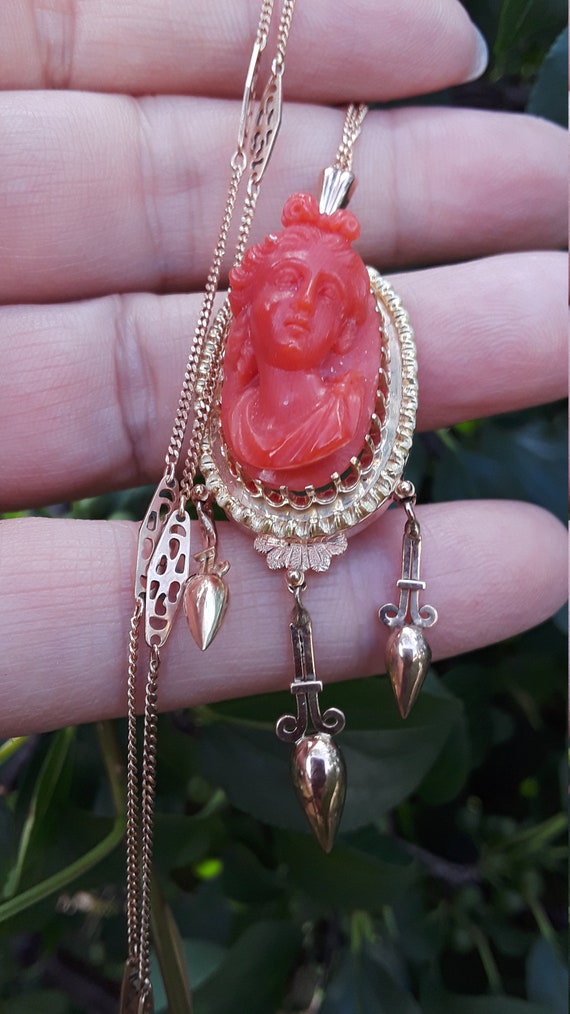 Victorian 14k Gold High Relief Red Cameo Pendant Chai… - Gem