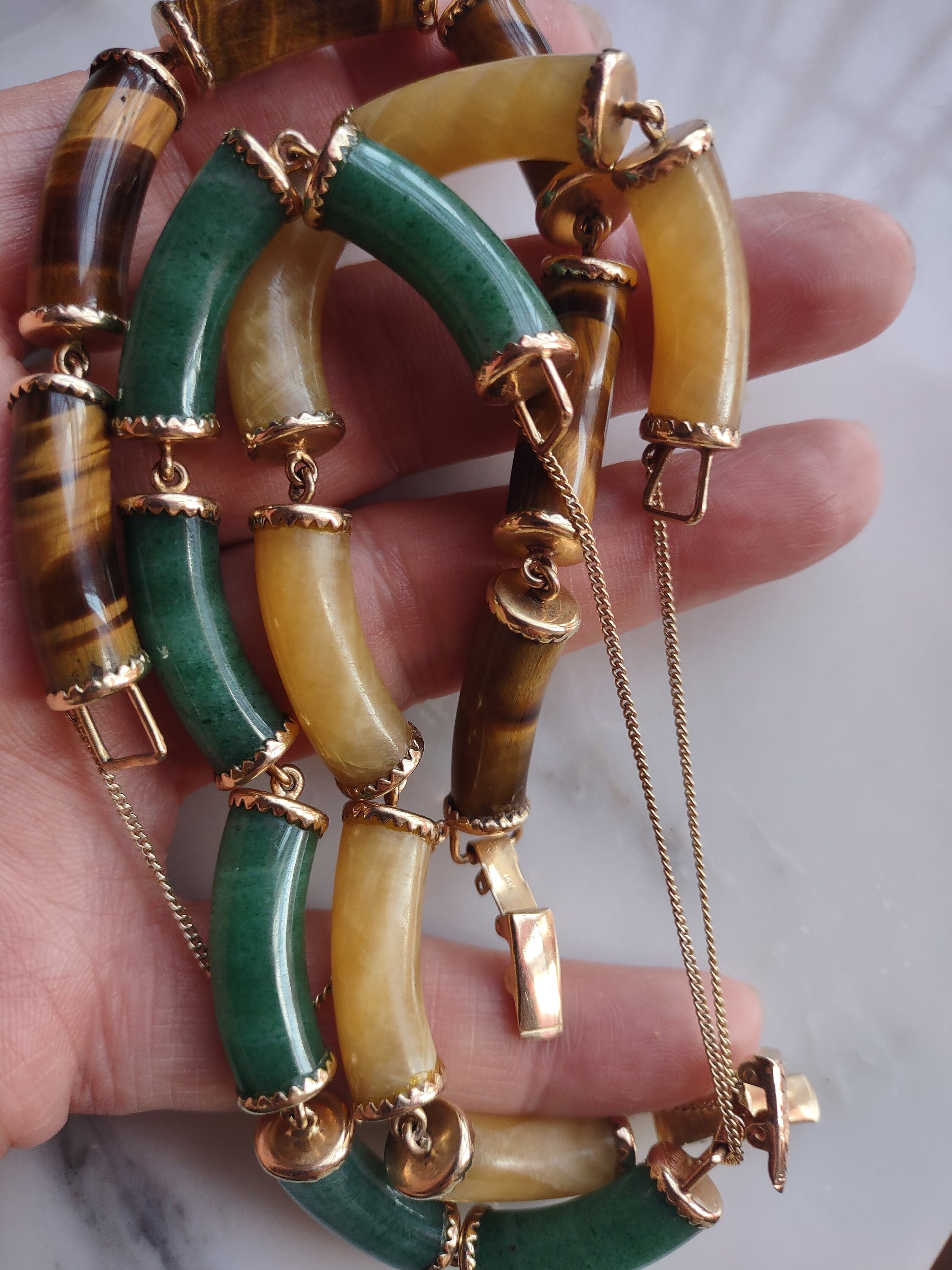 14k Gold Green Jade Yellow Jade Tiger Eye Link Bracelets Fabulous Price ...