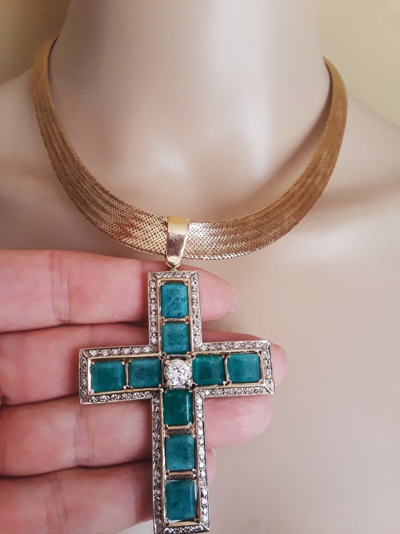 14k Gold Diamond Colombian Emerald Cross Pendant Fabu… - Gem