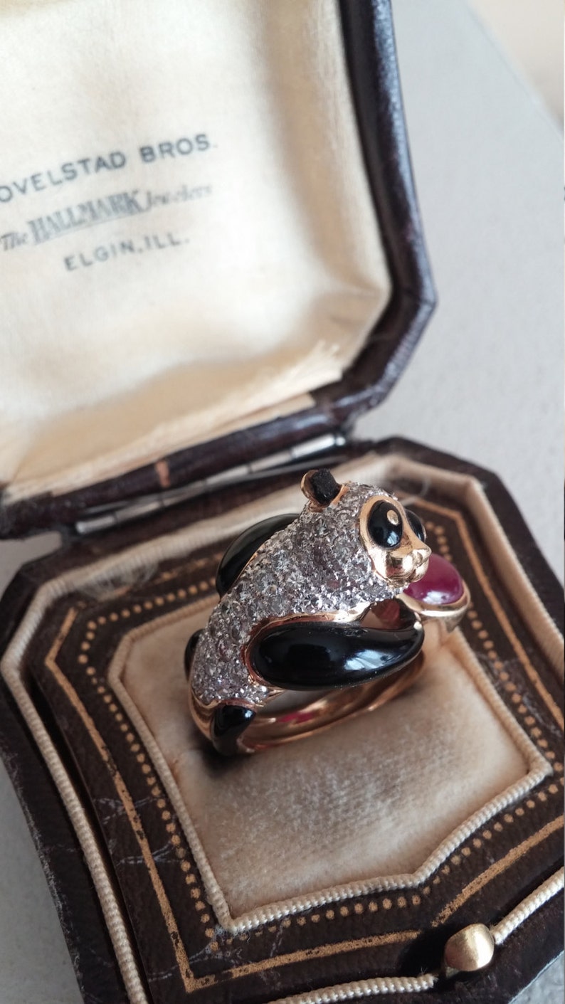 18k Gold Diamond Ruby Black Enamel Panda Ring 12.6 Grams | Etsy