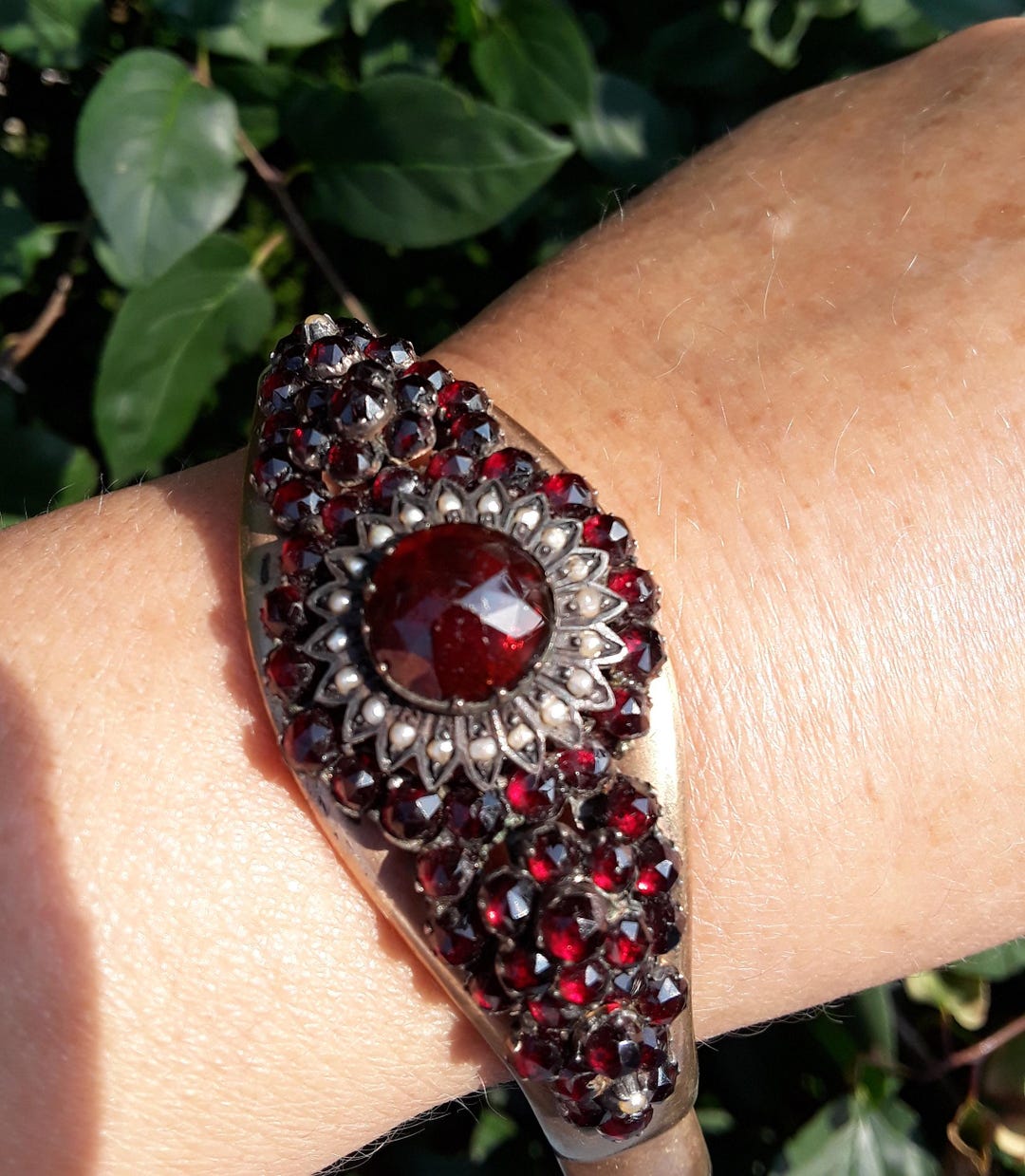 Georgian Bohemian Garnet Seed Pearl Bangle Bracelet Unique Exclusive ...