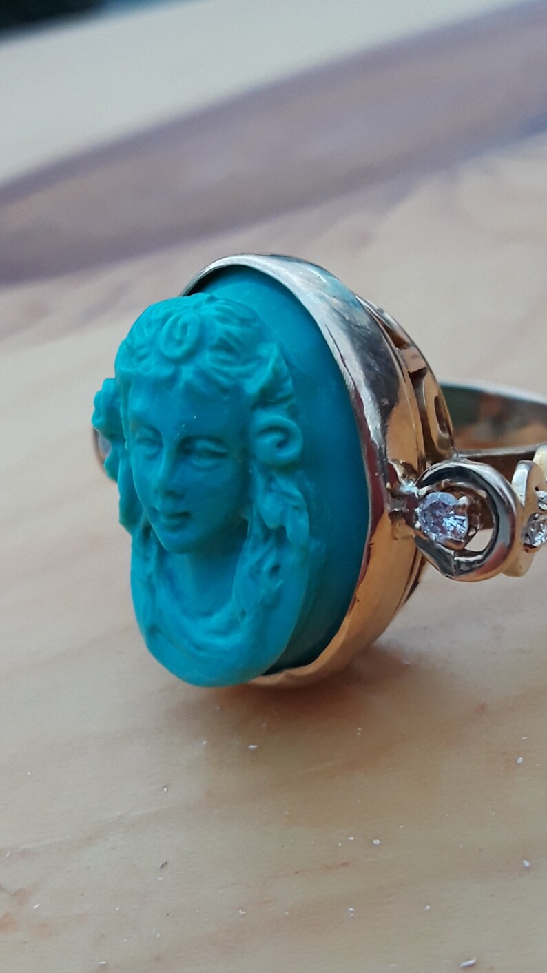 Victorian 14k Gold Diamond Natural High Relief Turquoise Cameo - Etsy