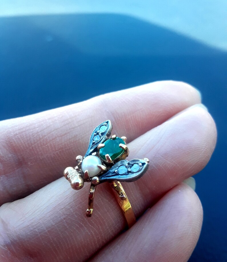 Georgian 18k Gold Rose Cut Diamond Emerald Bee Fly Ring Exclusive One ...