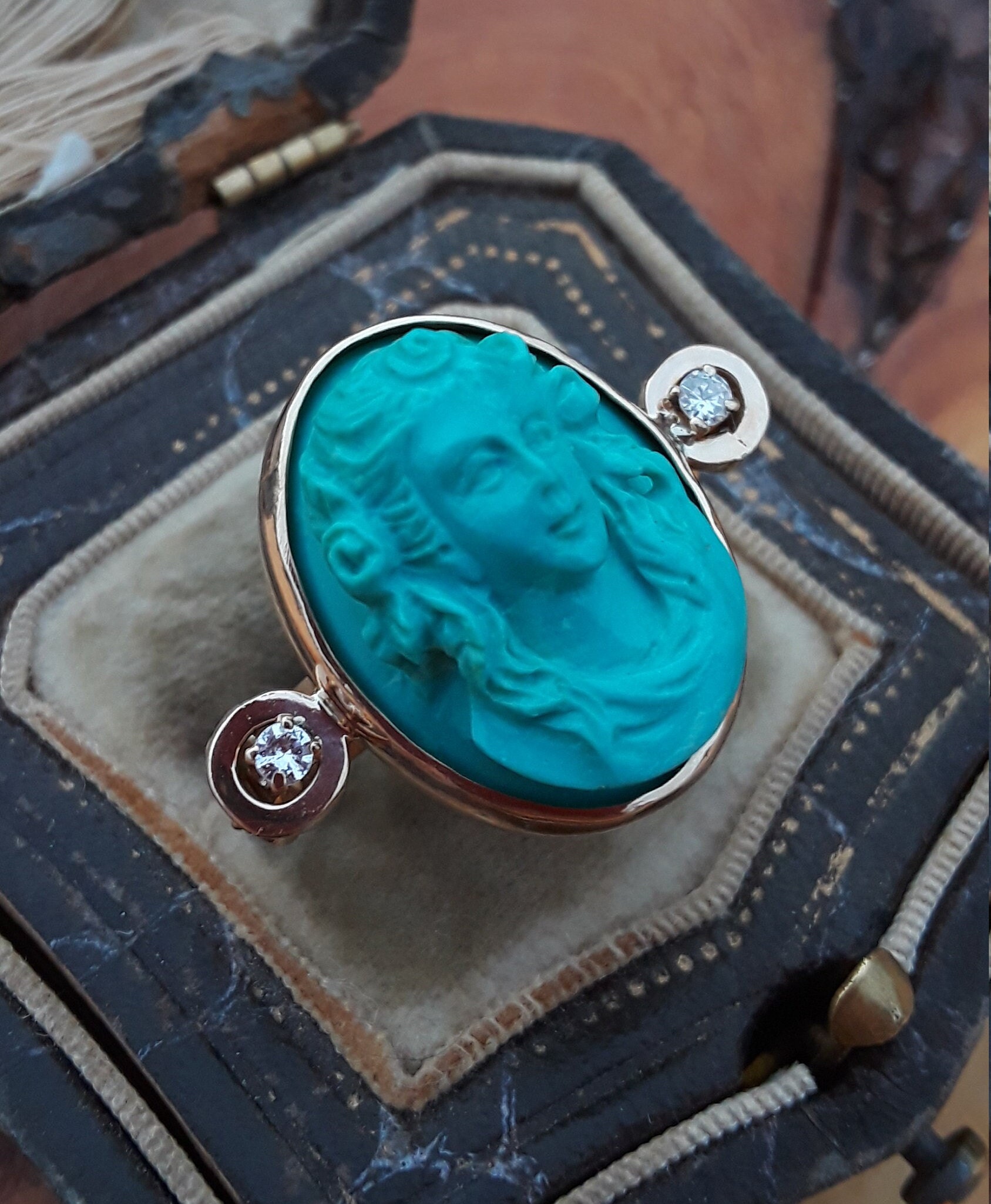 Victorian 14k Gold Diamond Natural High Relief Turquoise Cameo - Etsy
