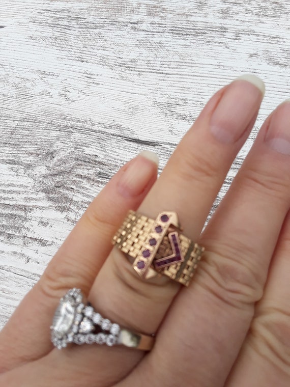 14k Gold Rubies Buckle Retro Mesh Ring Wedding Engage… - Gem