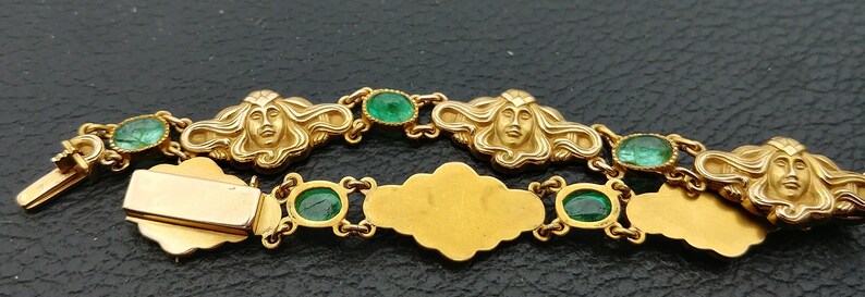 Art Nouveau 14k Gold Emerald Mermaid Heads Bracelet Unique Exeptional ...