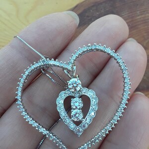 14k Gold 3ct Diamond Heart in Heart Huge Pendant With Chain Necklace ...
