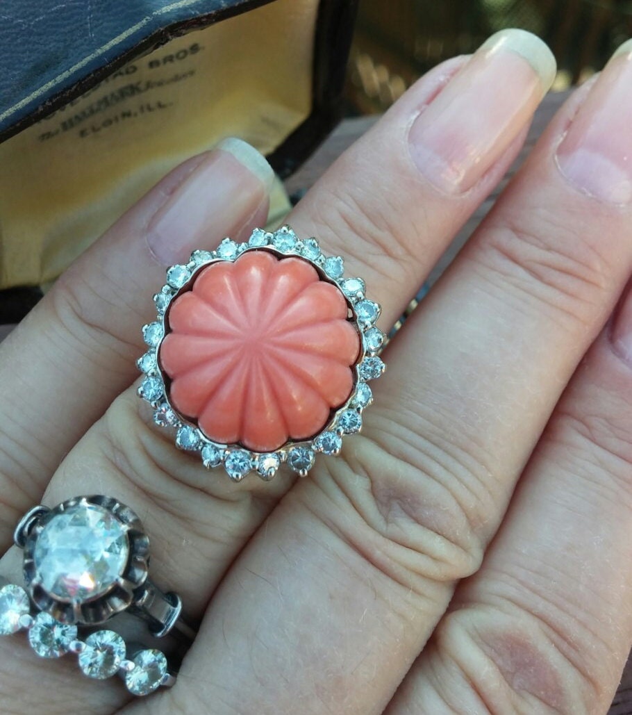 18k Gold Diamond Coral Cocktail Wedding Engagement Ring - Etsy