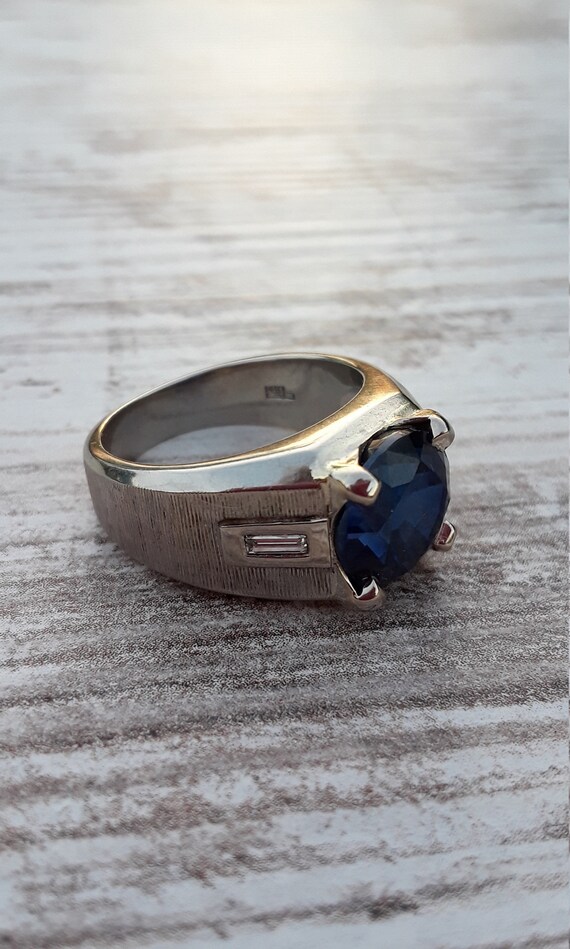 14k Gold Baguette Side Diamonds Blue Sapphire Wedding… - Gem