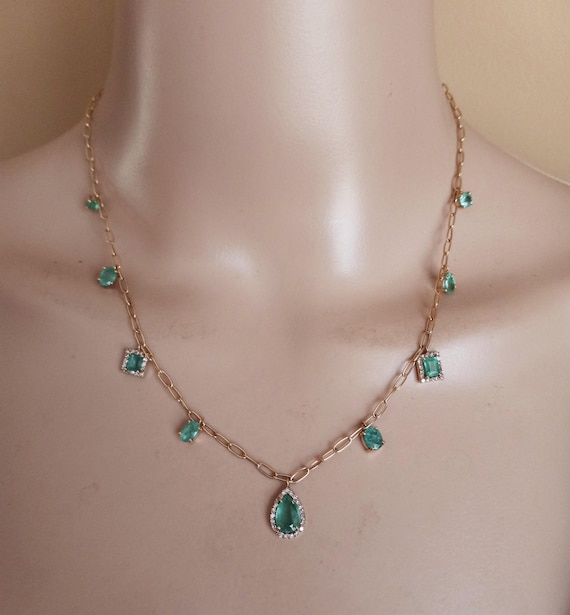 14k Yellow Gold Colombian Emerald Diamond Chain Neckl… - Gem