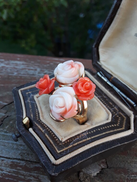 14k Gold Coral Flowers Roses Ring One Of A Kind - Gem
